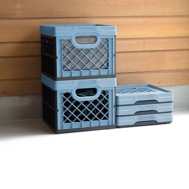 Space-Saving Collapsible Milk Crate: 6.6 Gal Slate Blue Organizer