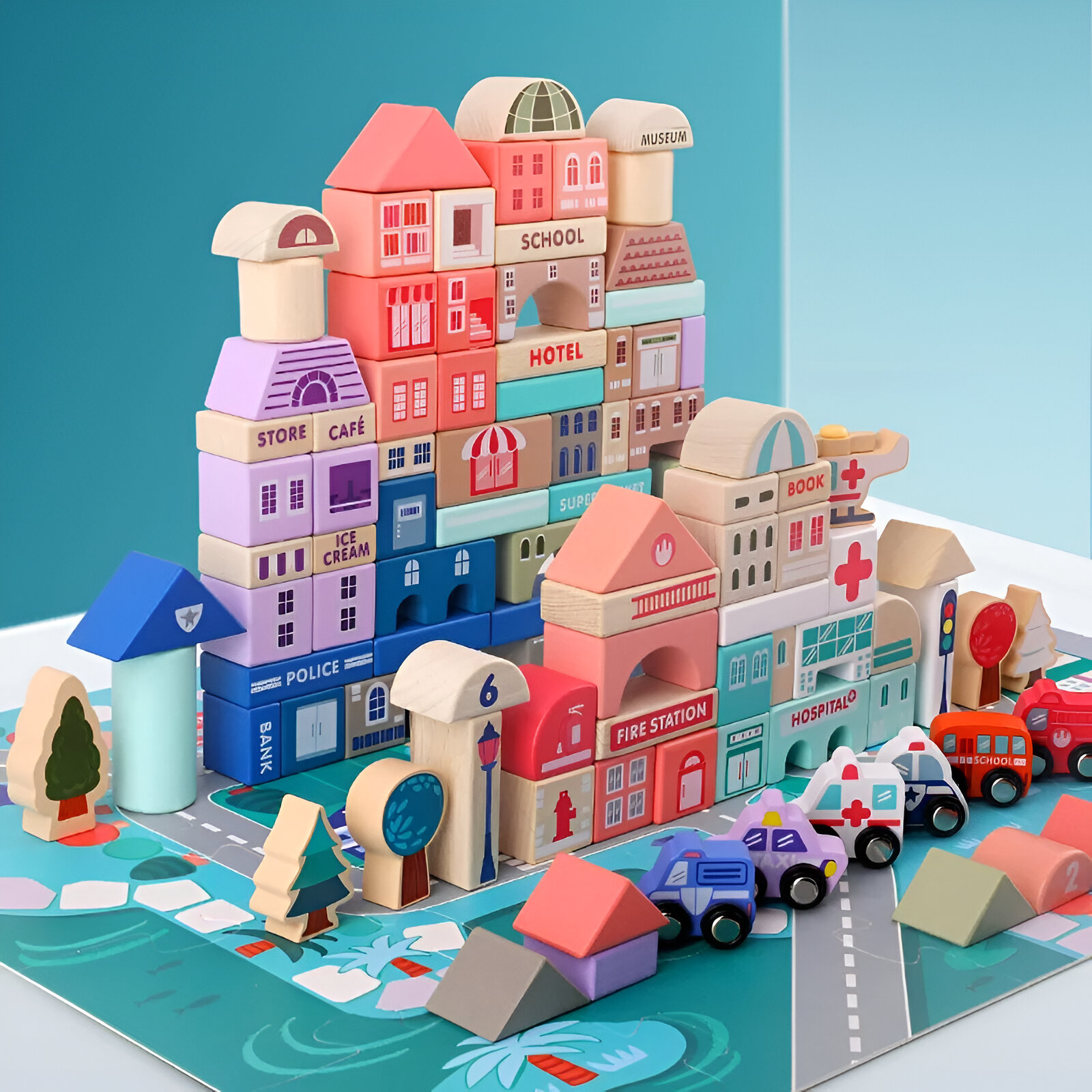 115-Piece Wooden City Building Blocks for Kids